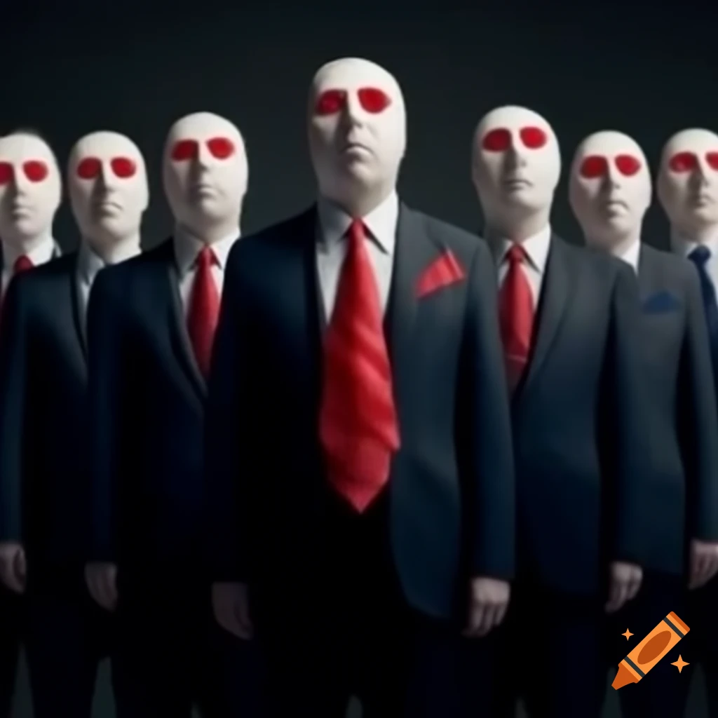 Group of seven people in suits with red ties standing in a v shape on ...