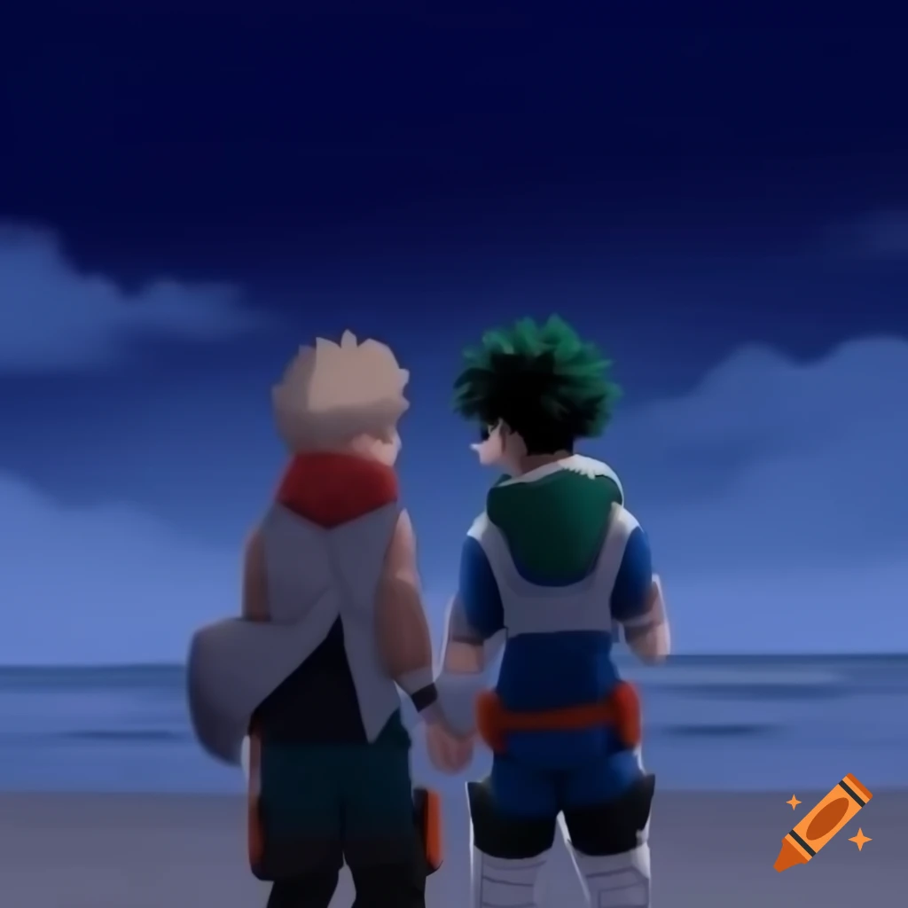 Bakugo and Deku from MHA on a snowy beach at night on Craiyon
