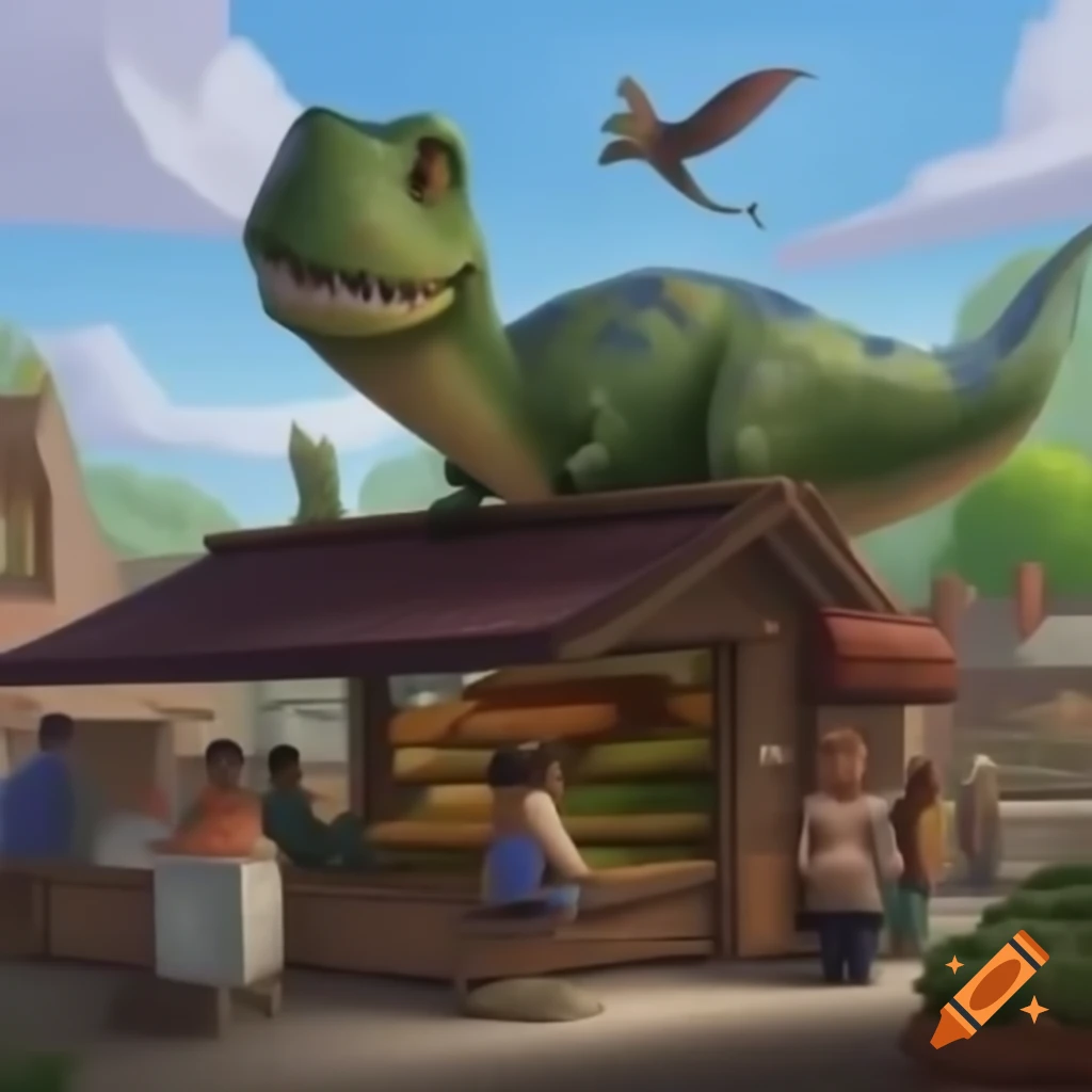Friendly flying dinosaur on grocery store roof with people gathering on ...