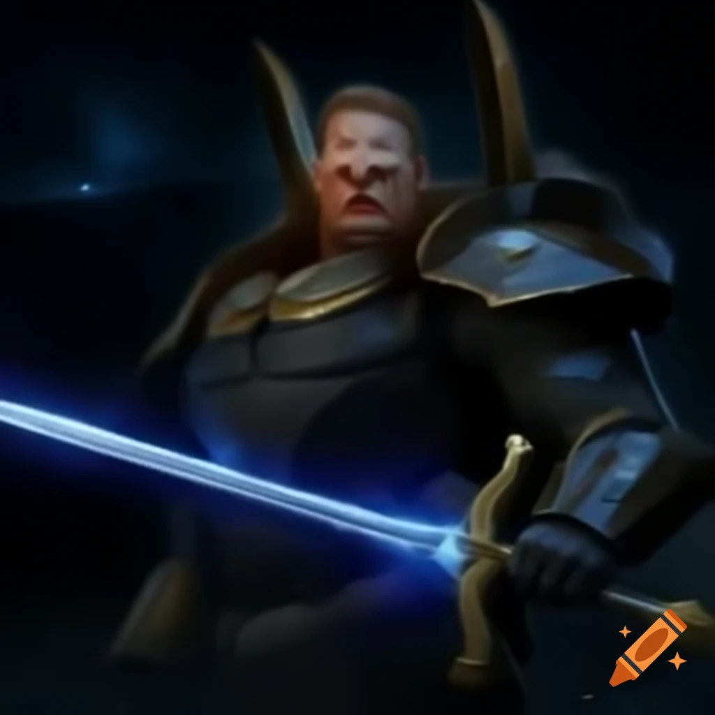 Elon Musk in AI power armor wielding a super two-handed sword in a ...