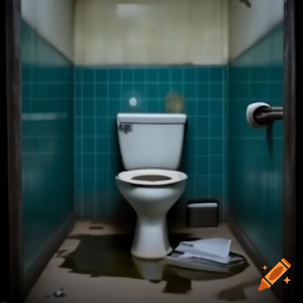 Overflowing toilet with sewage in a dilapidated bathroom on Craiyon