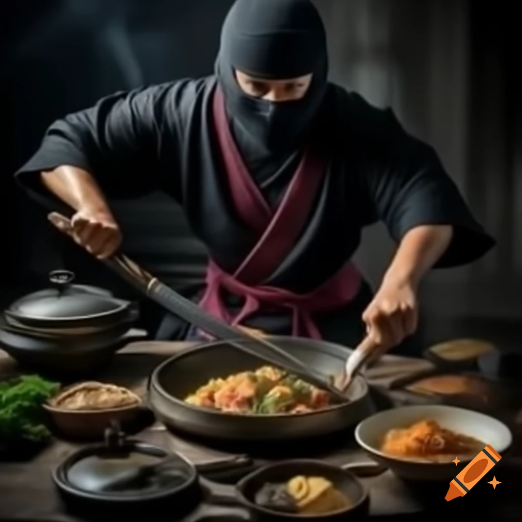 Ninja with swords in a neoclassical cooking scene on Craiyon
