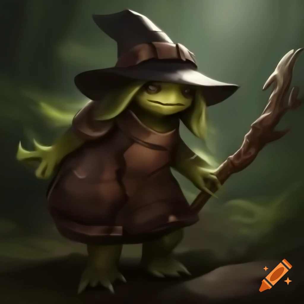 Witchy female Tortle healer foraging in forest with staff, DND ...