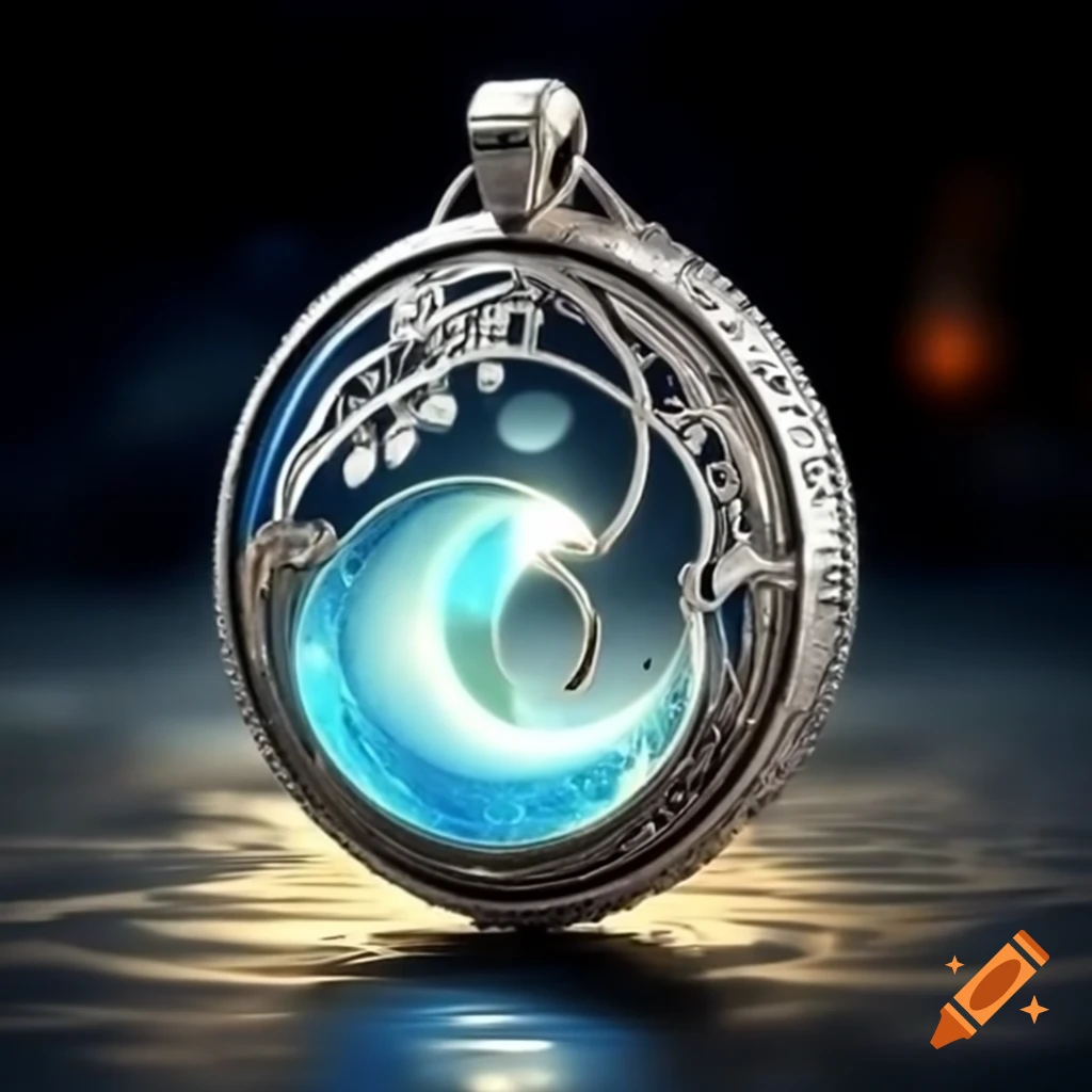Exquisite silver locket with engravings and blue crescent moon motif on ...