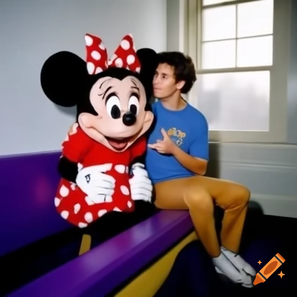 Young man asking minnie mouse mascot to sit on her lap in bright room ...