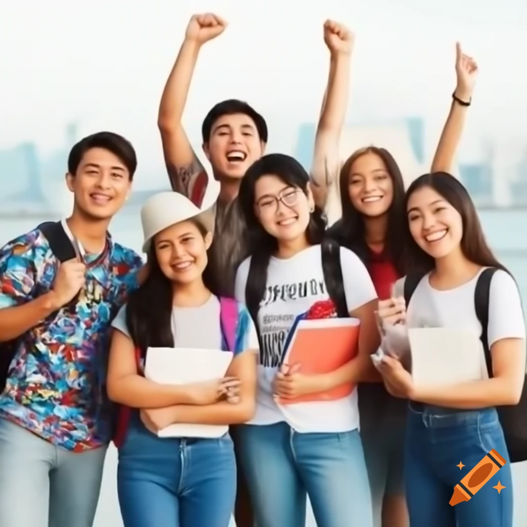 Group of Asian students studying abroad in the Philippines cheerful attire on Craiyon