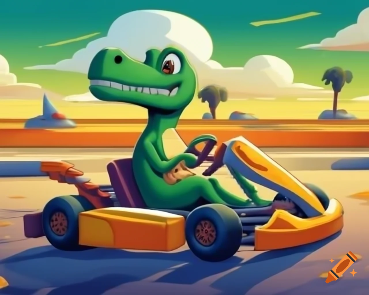 Dinosaur driving a kart in 90s dc comic book style on Craiyon