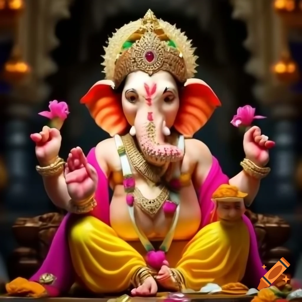 Lord Ganesh adorned with flower jewelry enjoying laddu on Craiyon