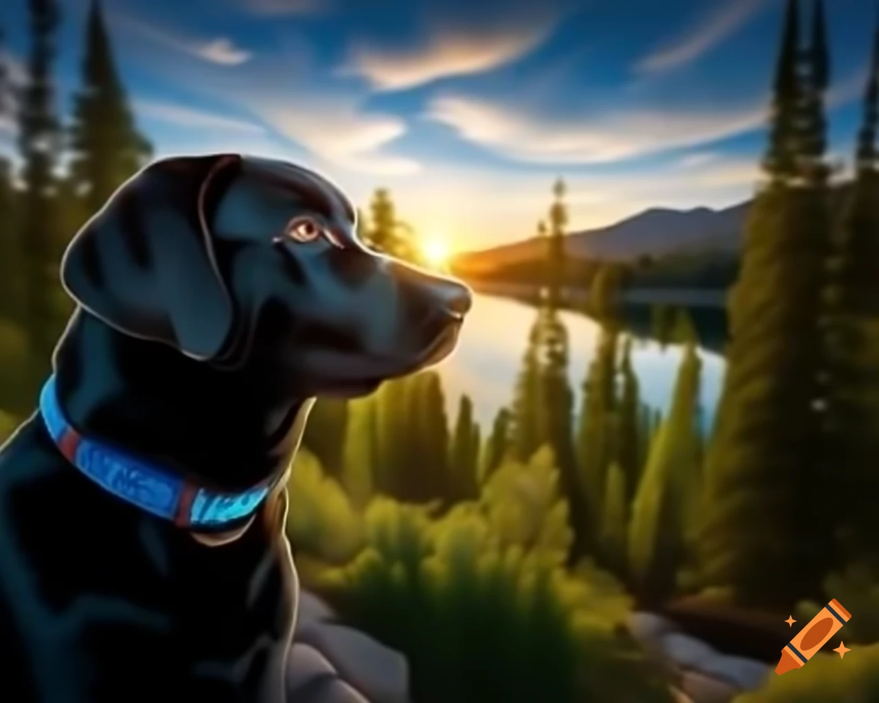 Black labrador retriever in forest facing camera with trees in ...