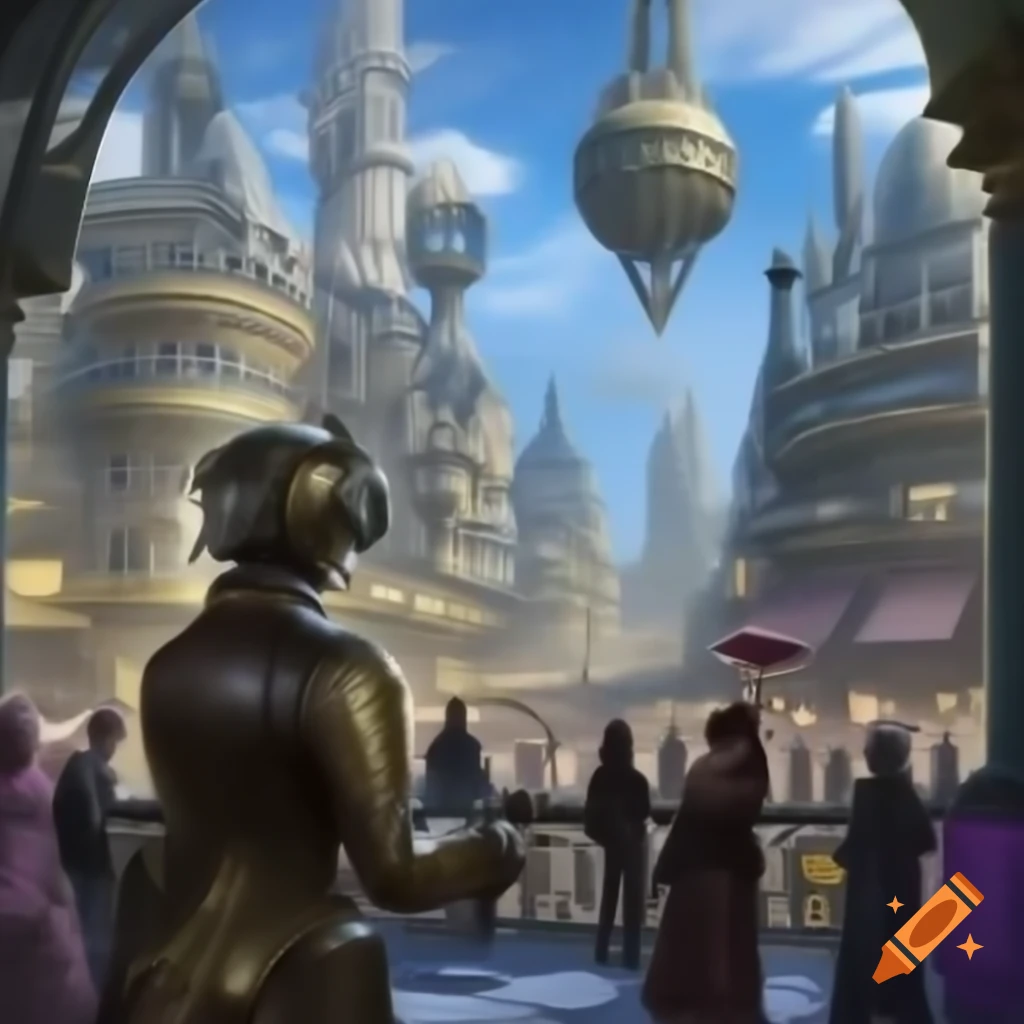 Steampunk metropolis with victorian architecture and brass structures ...