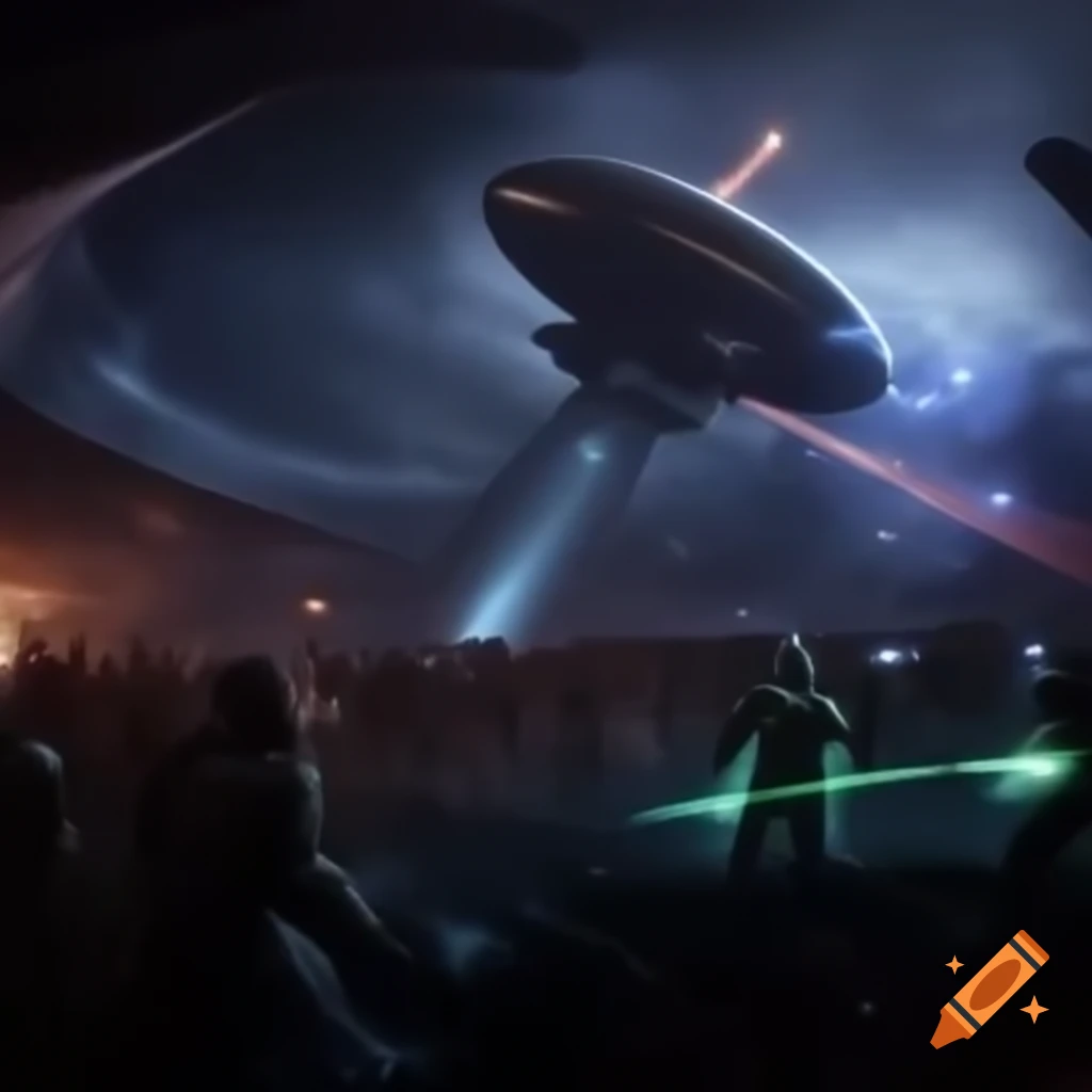Epic battle scene between zarkothian ufos, aliens, and human defenders ...