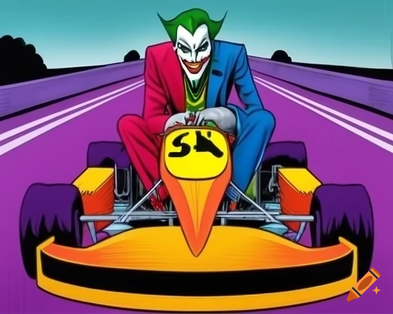 Comic book illustration of the Joker driving a kart, 90s animation ...