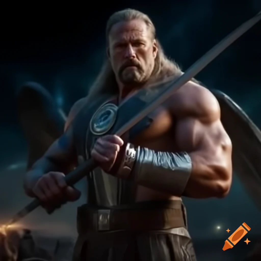 Elon Musk in AI power armor wielding a super two-handed sword in a ...