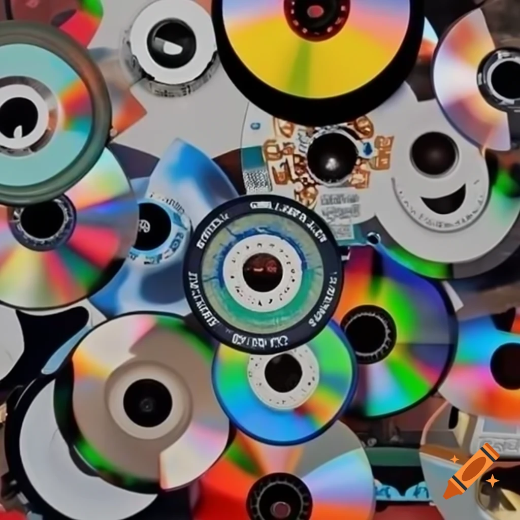 Creative display of chip bags with CDs on Craiyon