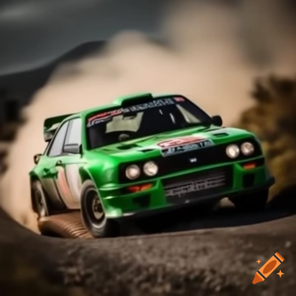 Rally car navigating dusty track with tire smoke and roadside sign on ...