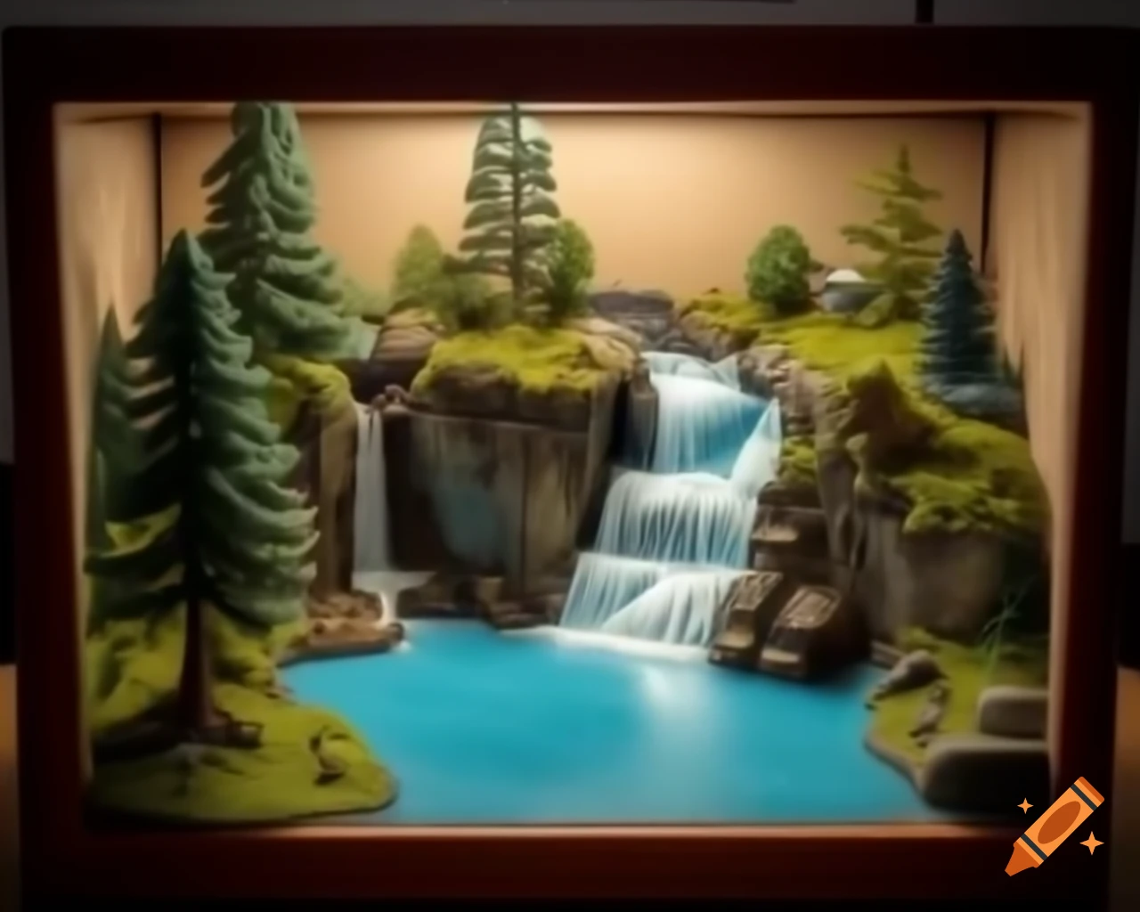 Miniature diorama depicting a waterfall and lake in a box on Craiyon