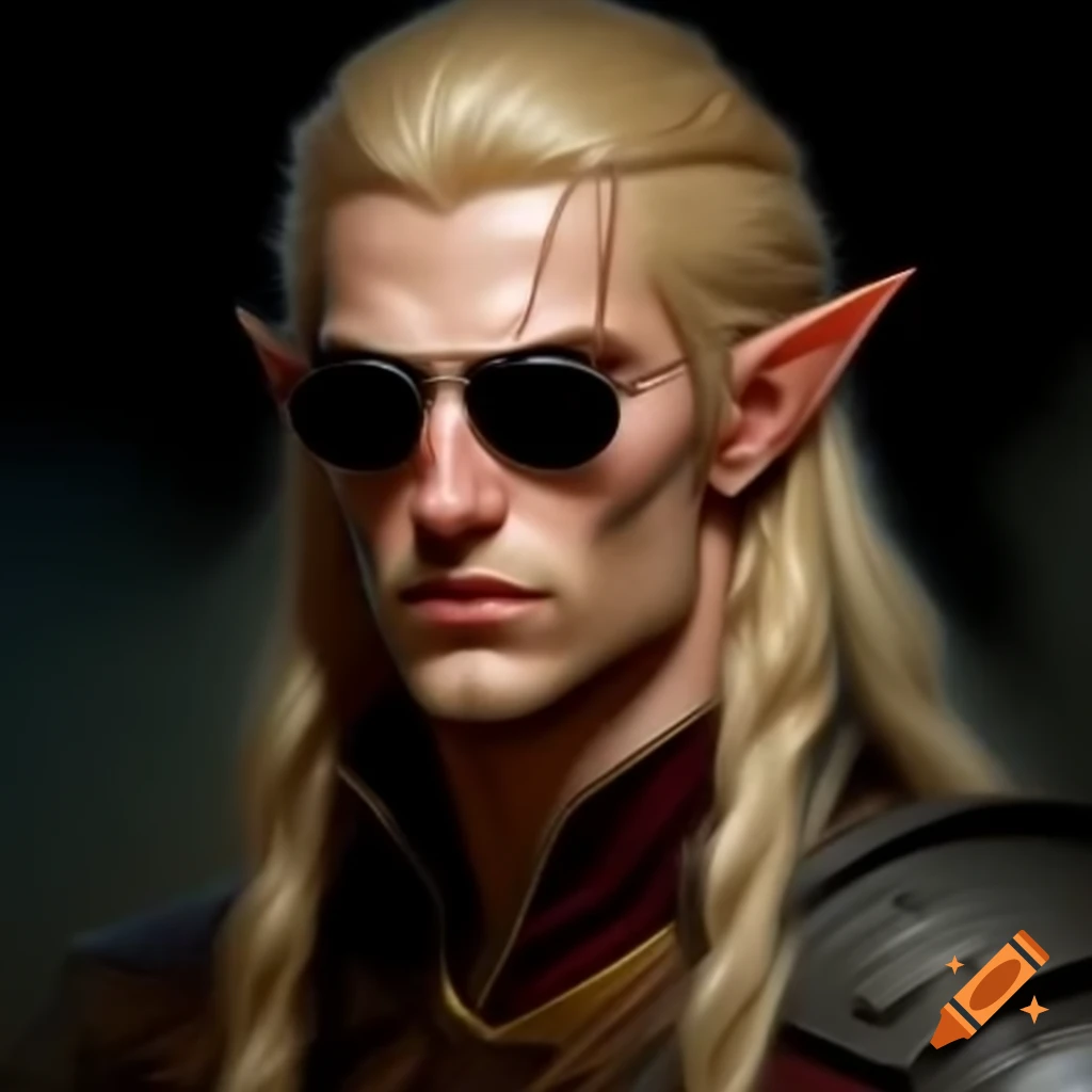 Fantasy male wood elf with long blond hair and military face wearing black sunglasses on Craiyon