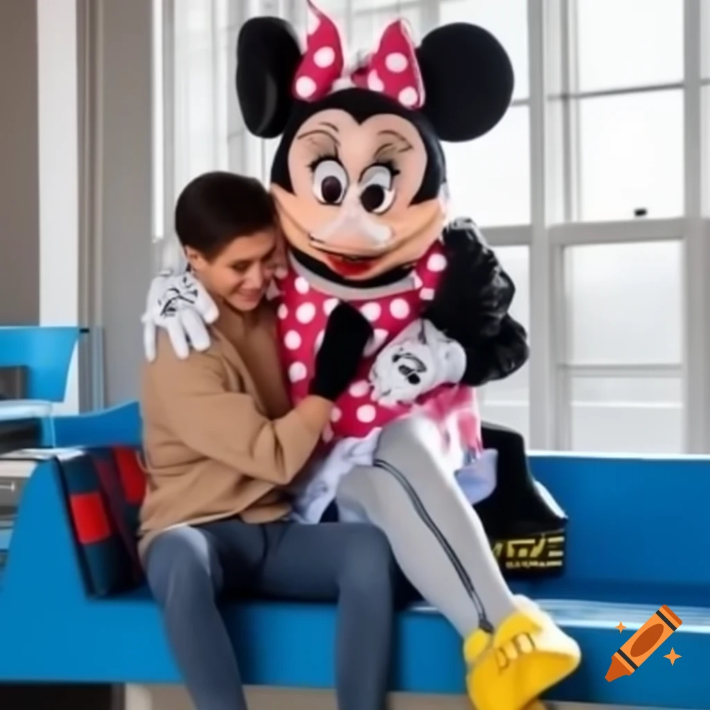 Young man asking minnie mouse mascot to sit on her lap in bright room ...