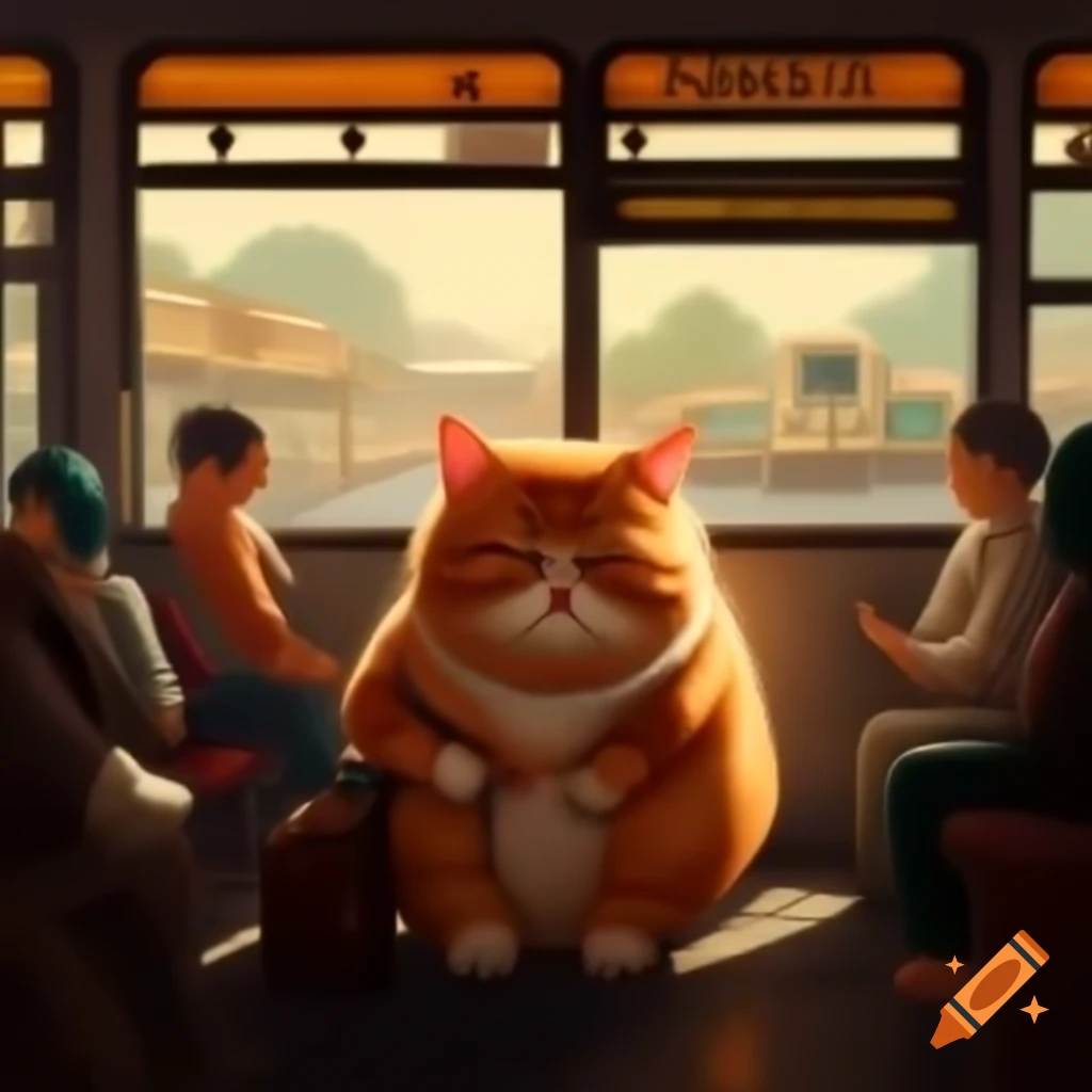 Chubby orange cat at a bus station, storytelling scene on Craiyon