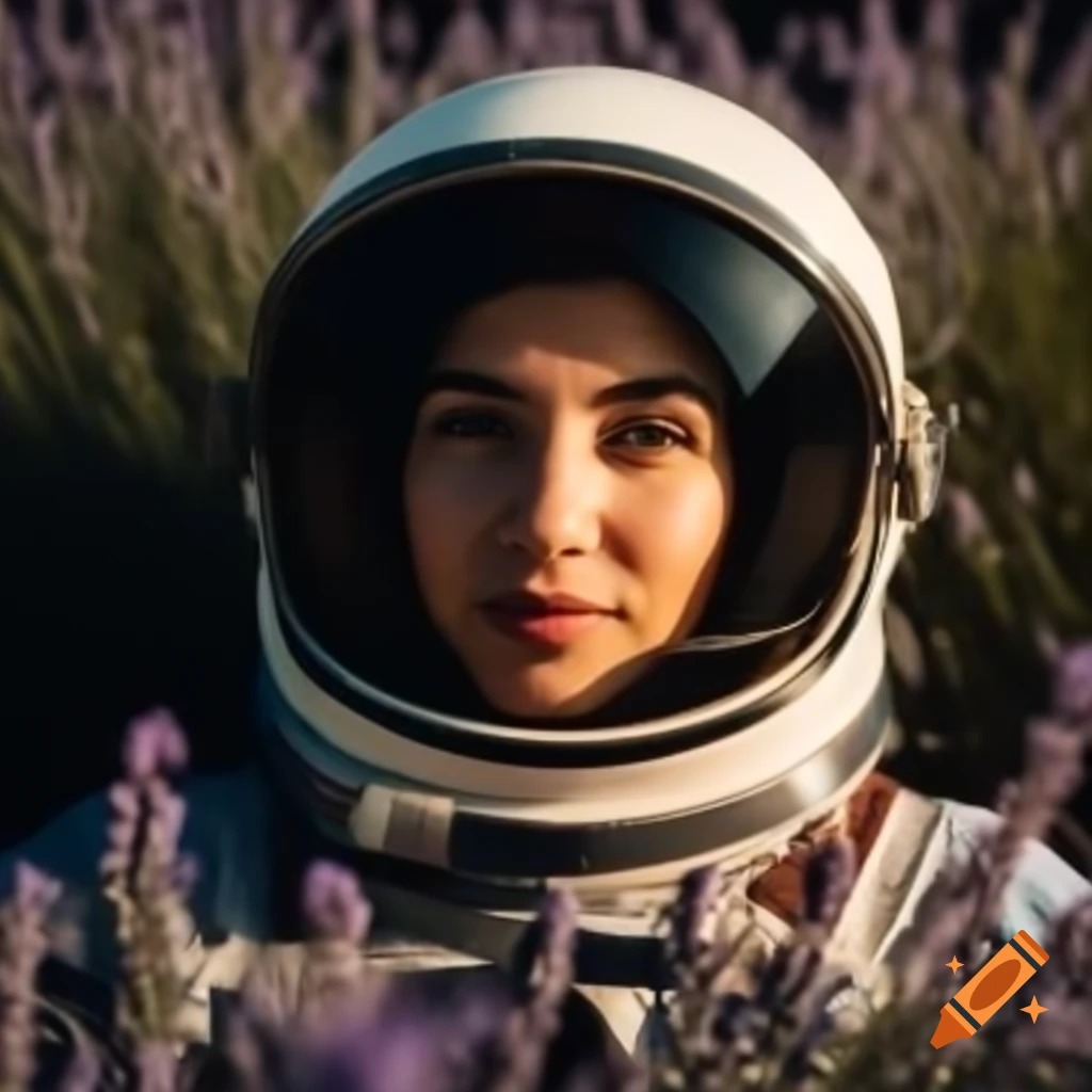 Brunette housewife in NASA helmet and summer dress surrounded by ...
