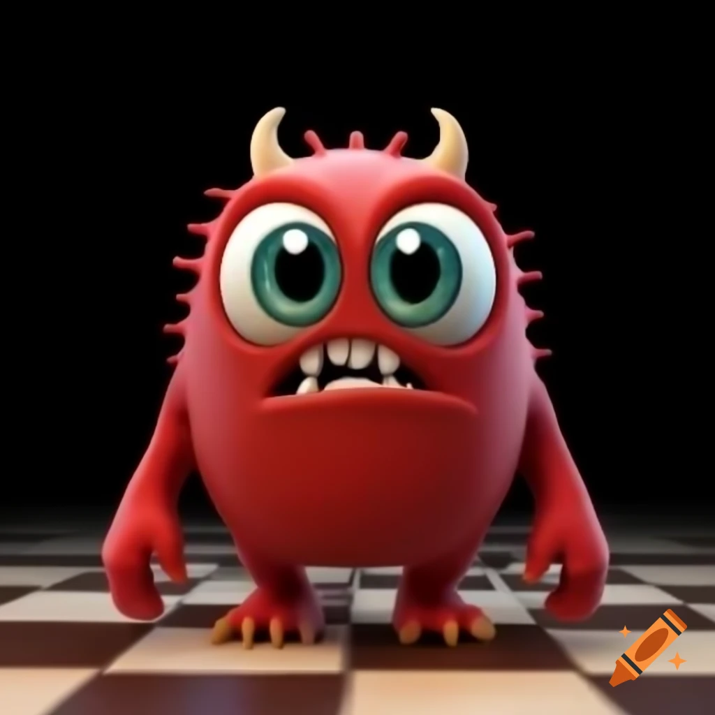 Animated red cute monster playing chess in a dark setting on Craiyon