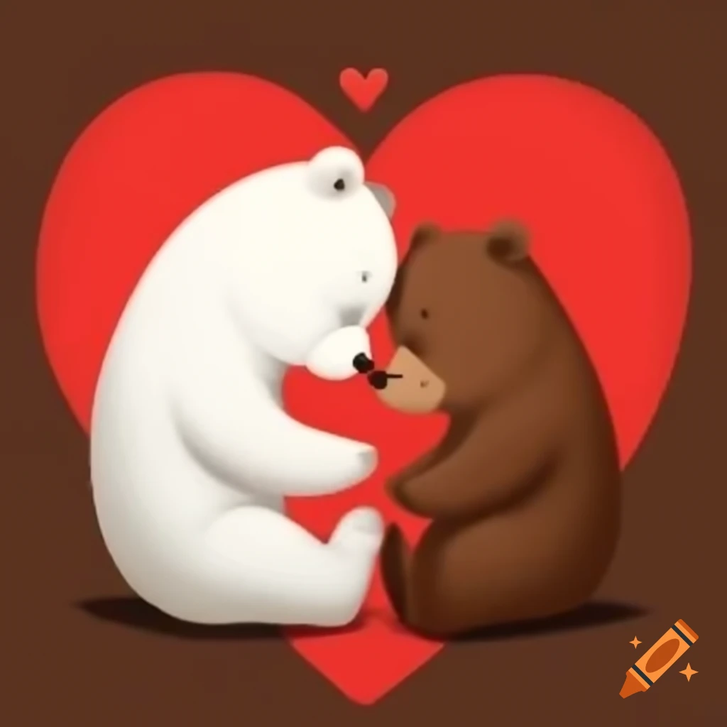 White bear kissing brown bear with red heart background and small brown bear in front on Craiyon