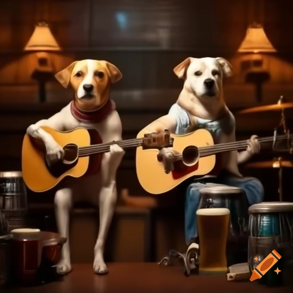 Two female dogs playing guitar and drums while enjoying beers on Craiyon