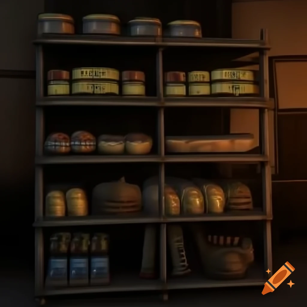 Shelf with food in post-apocalyptic settlement on Craiyon