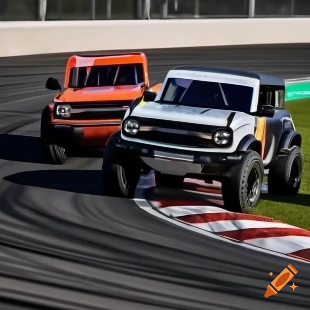 Bronco racing on the track from various angles on Craiyon