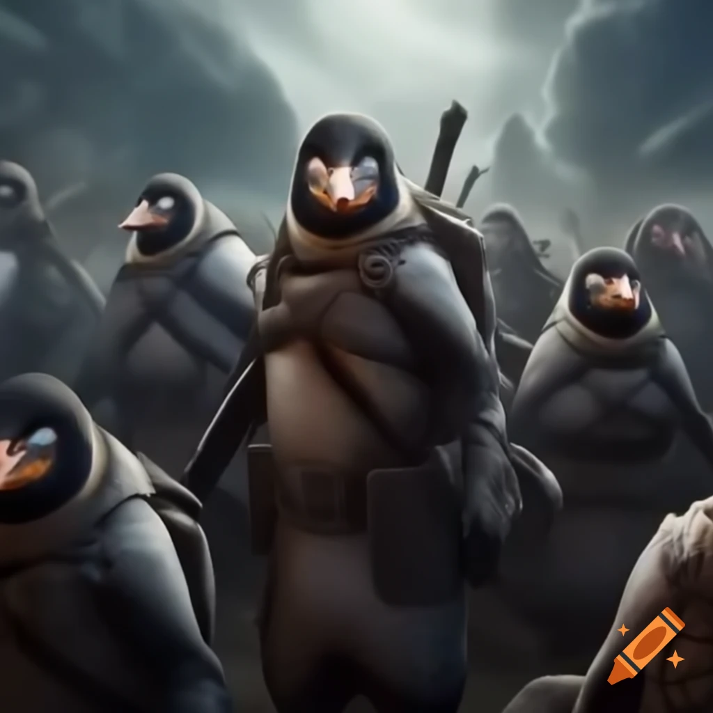 Army of penguins preparing for battle in Diablo style on Craiyon