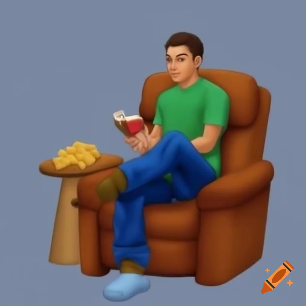 Cartoon of man on recliner reading book while eating chips and drinking ...