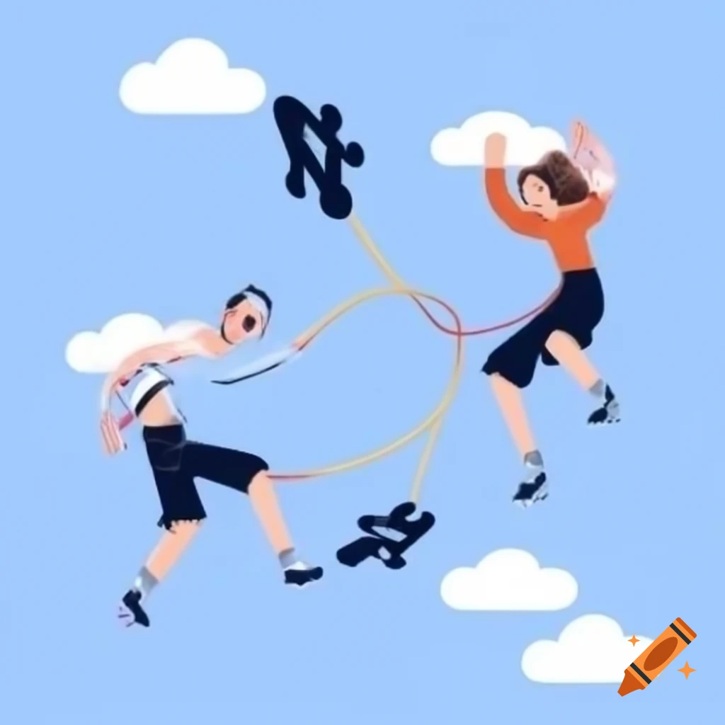 Cartoon of two people connected by elastic band falling from the sky on ...