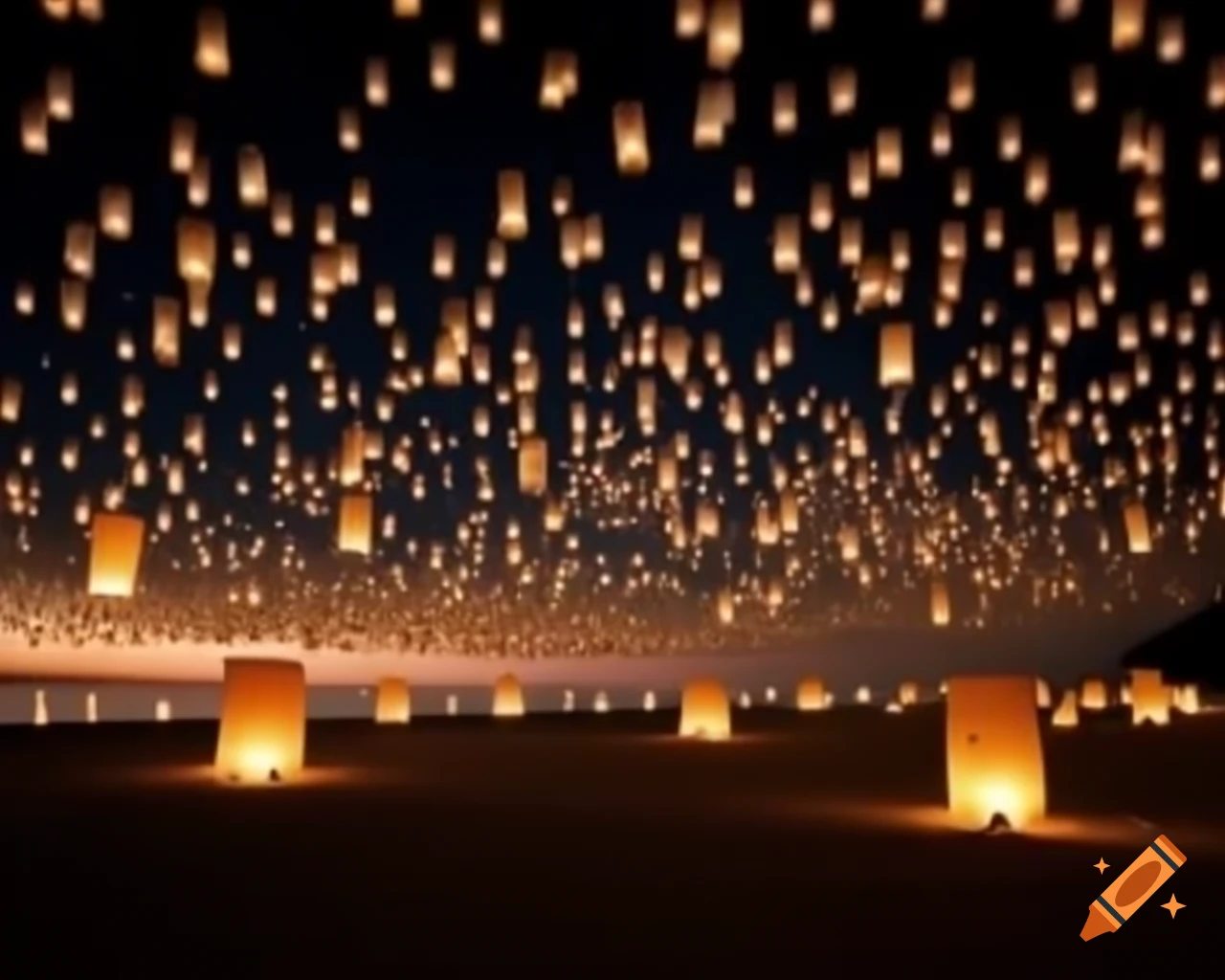 Night sky on beach adorned with oriental floating lamps on Craiyon