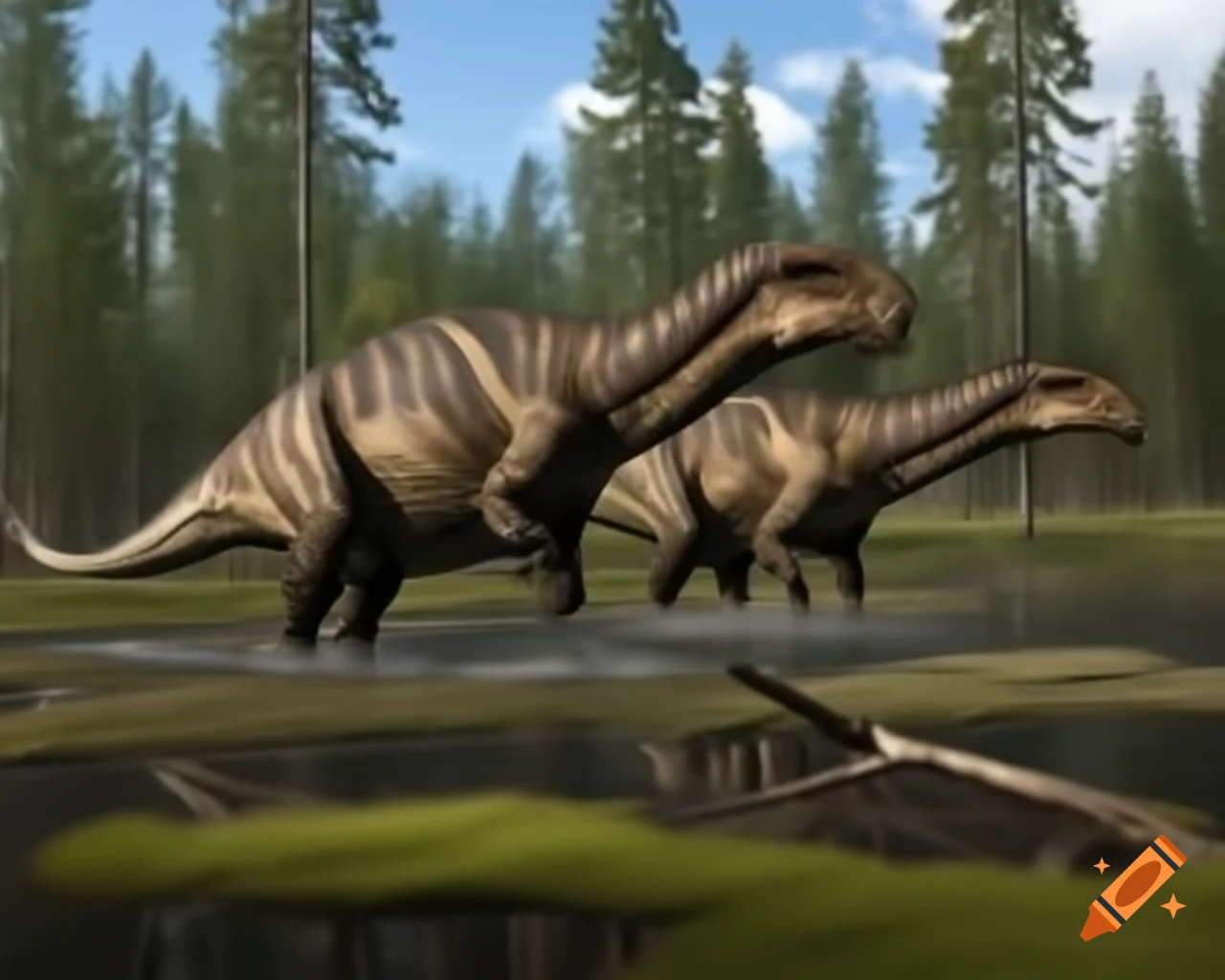 Herd of Hadrosaurus crossing marsh with driftwood under intense ...