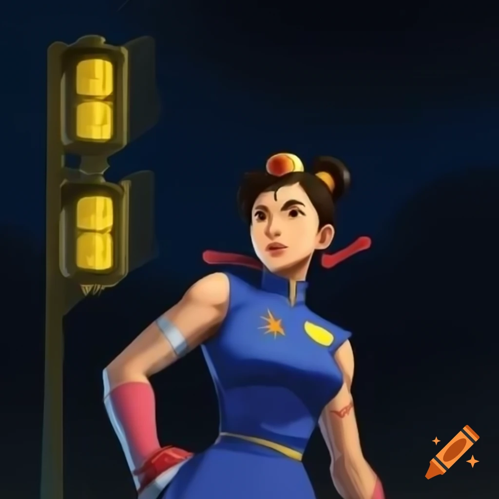 Anime portrayal of Chun-li from Street Fighter in front of floodlight ...