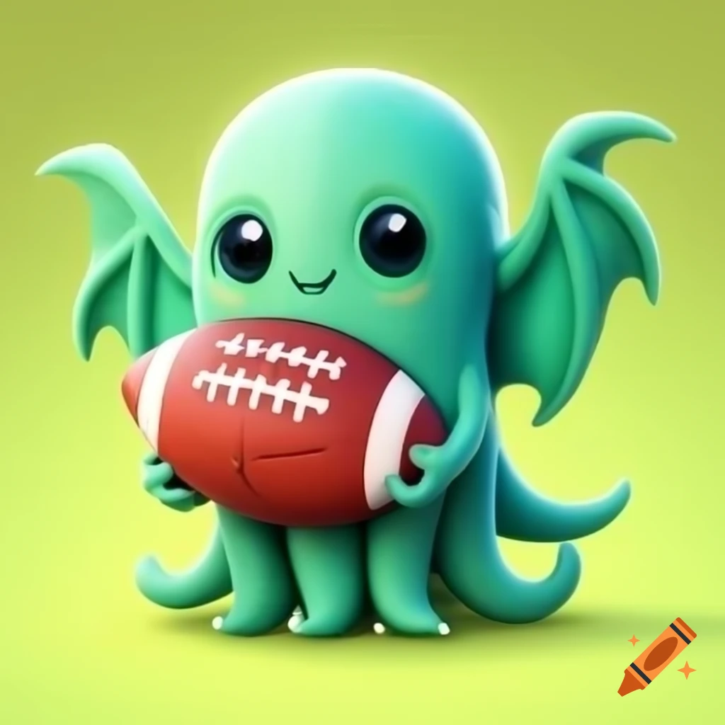 Cartoony Cthulhu character holding American football in Pixar style on ...