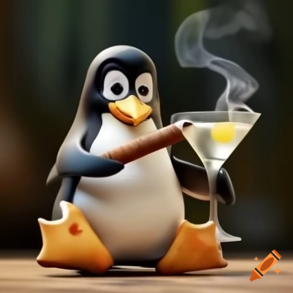 Emperor penguin chick holding a minigun in a whimsical setting on Craiyon