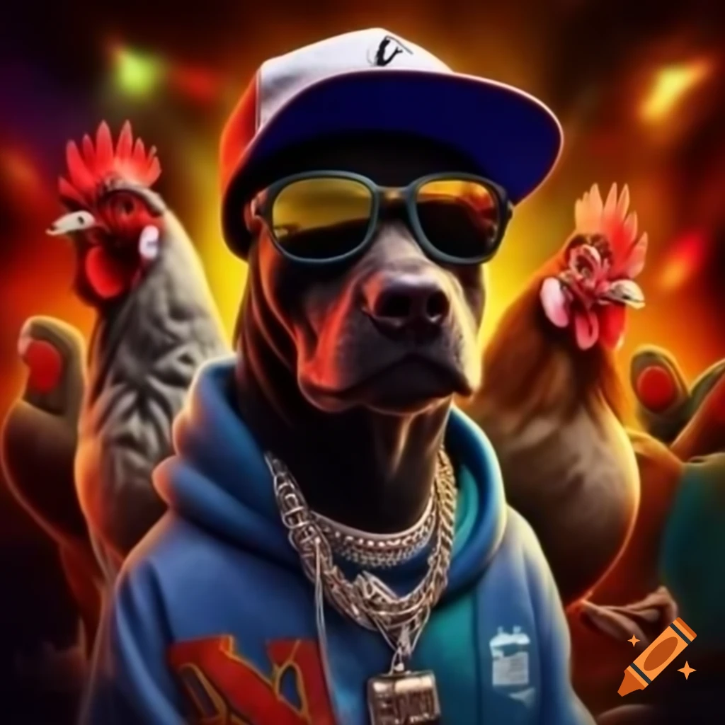 Dog, cat, and chicken styled as rappers, with cool accessories on Craiyon