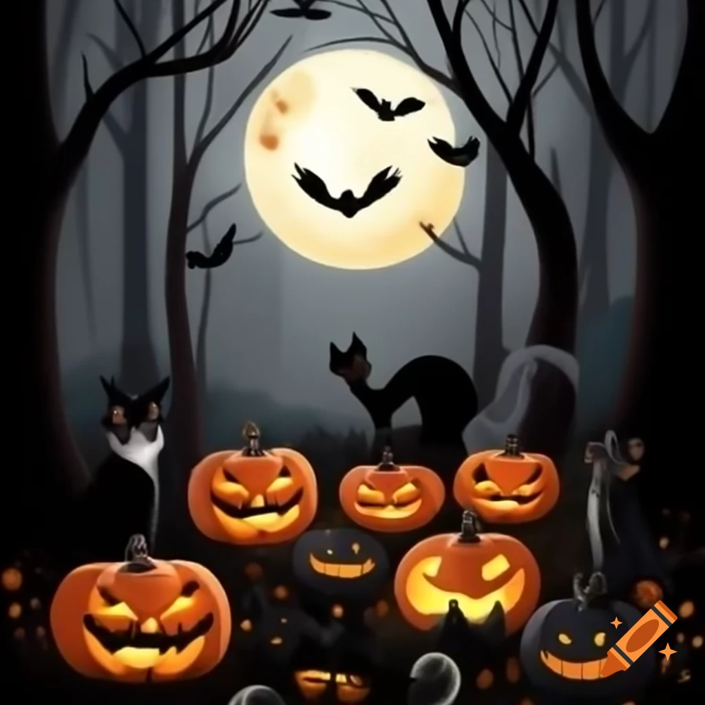Autumn forest featuring jack o lanterns, black cats, and bats under ...