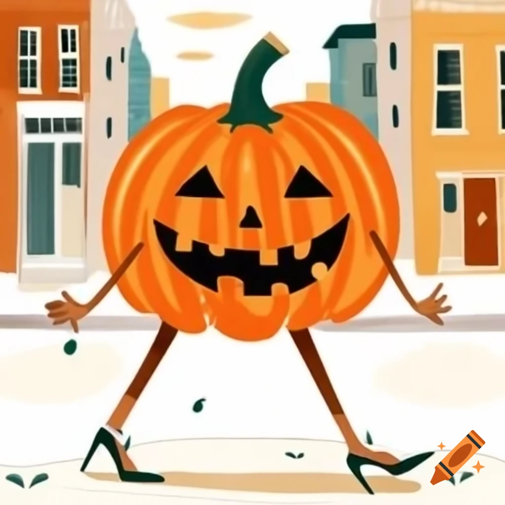 Happy pumpkin character with legs and high heels walking on the street ...
