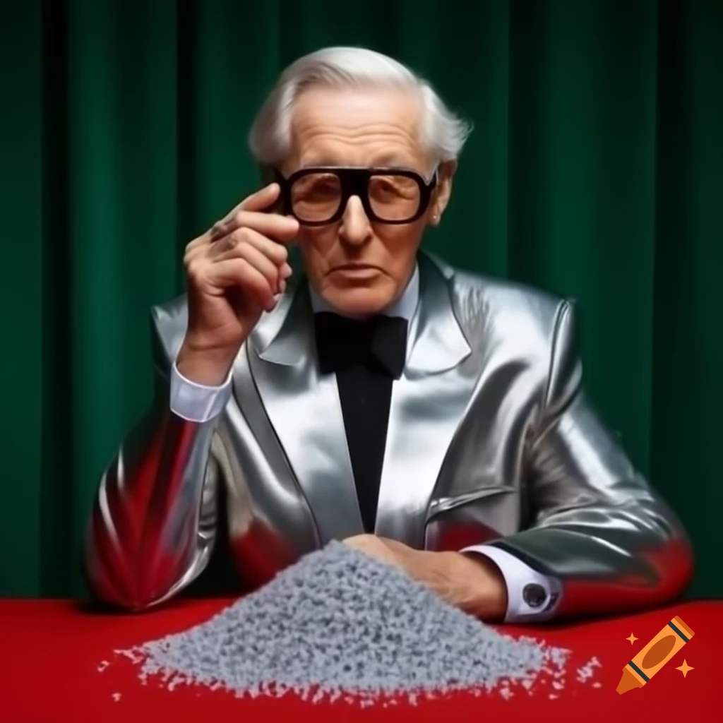 Older man in silver suit examining diamonds on a table on Craiyon