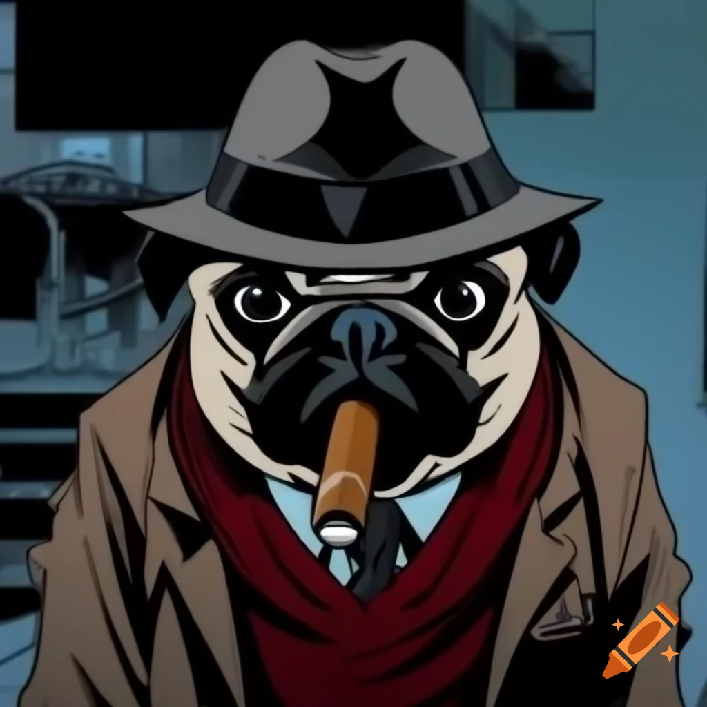 Angry pug detective in fedora and trench coat using magic, comic book ...