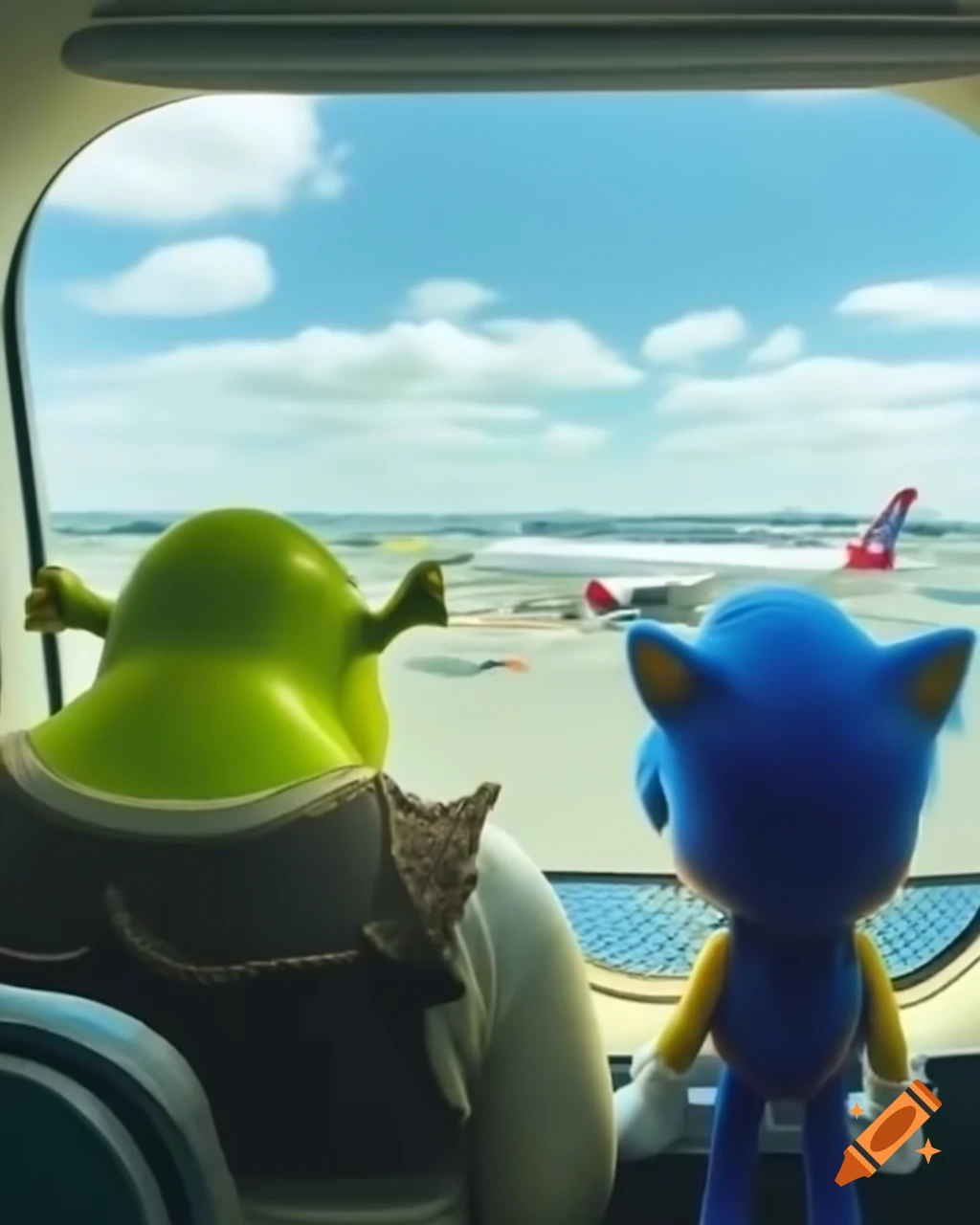 Shrek and Sonic admiring a Boeing 767 airplane on Craiyon