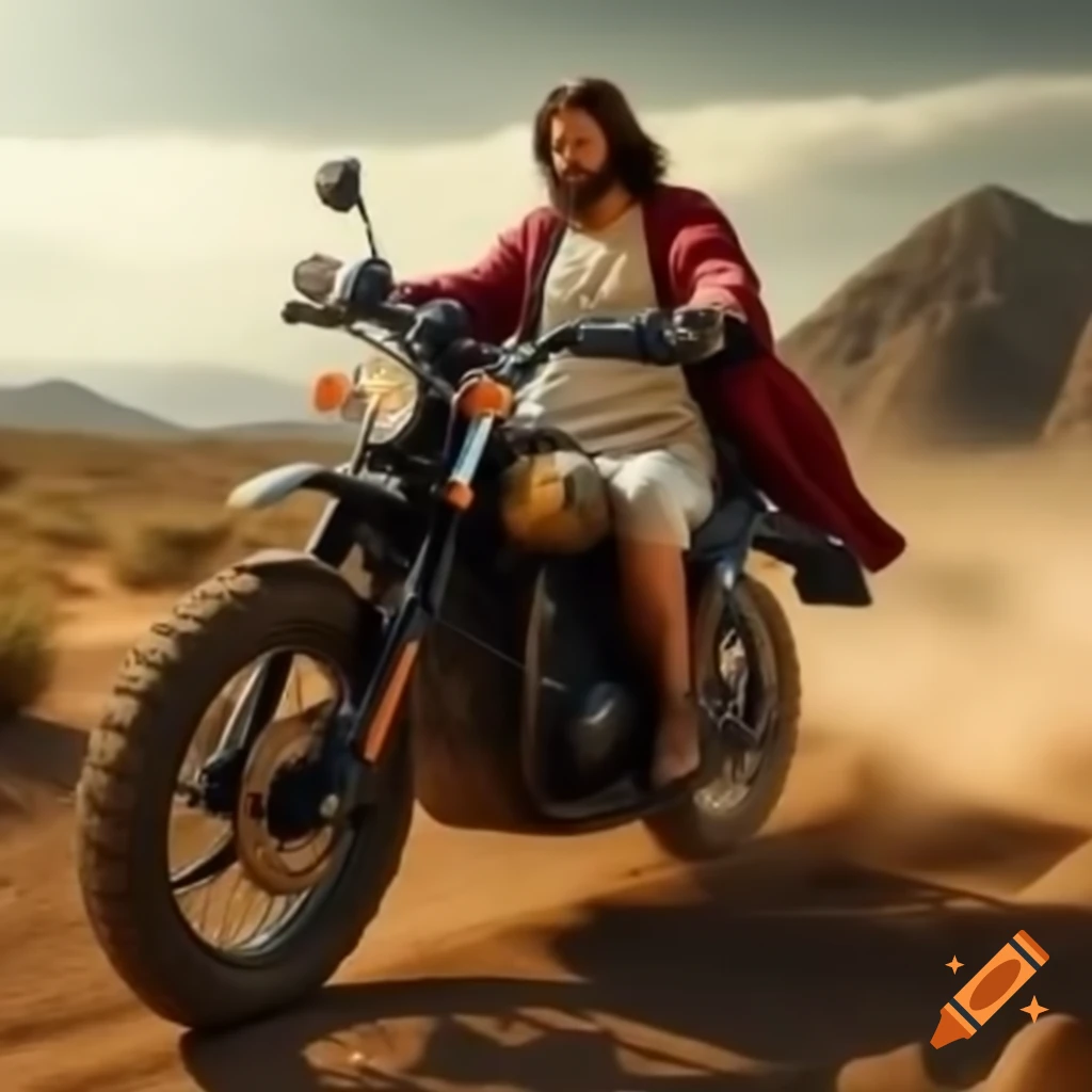 Religious figure riding off-road motorcycle on Craiyon