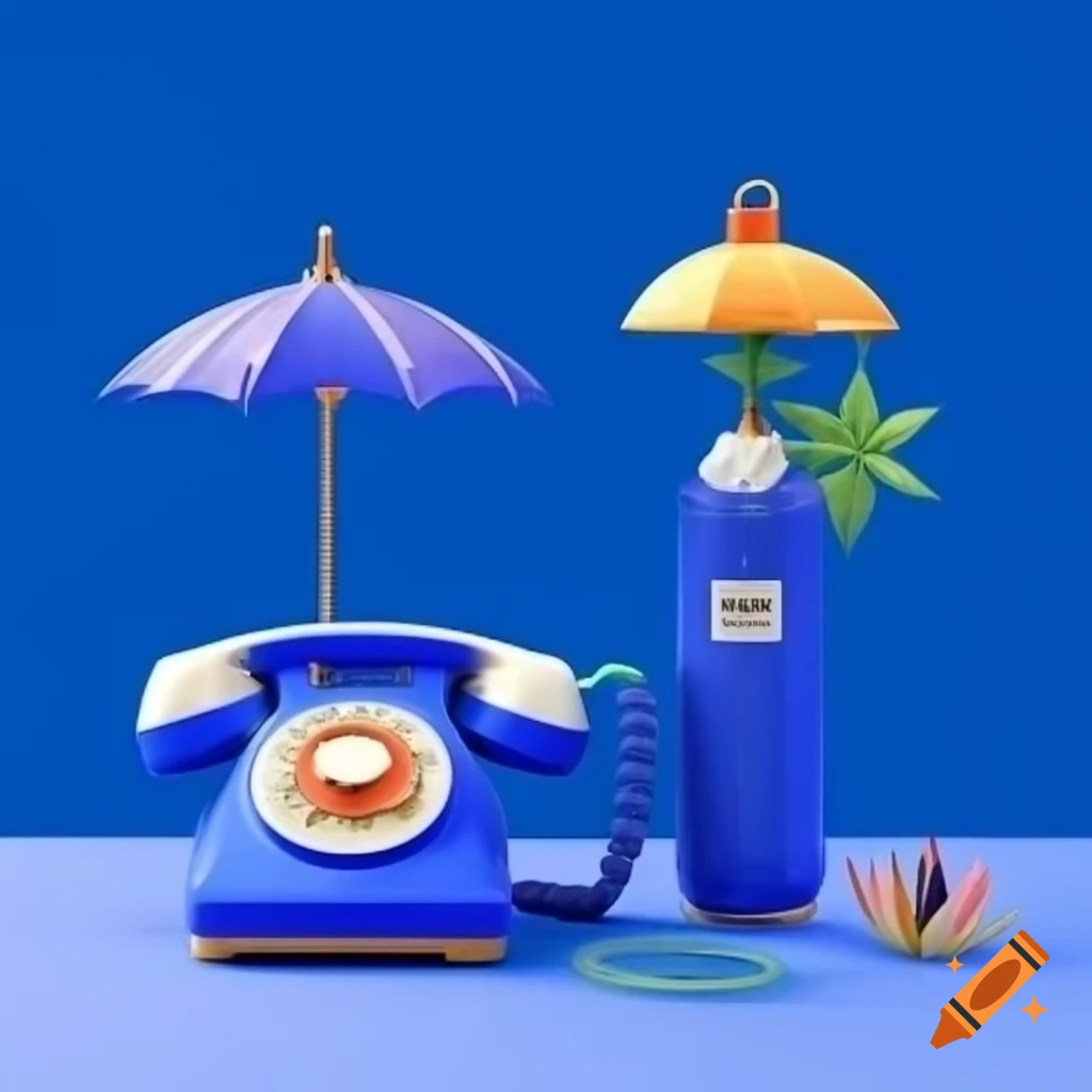 Blue gas cylinder telephone umbrella lotus bud and compass arrangement on Craiyon