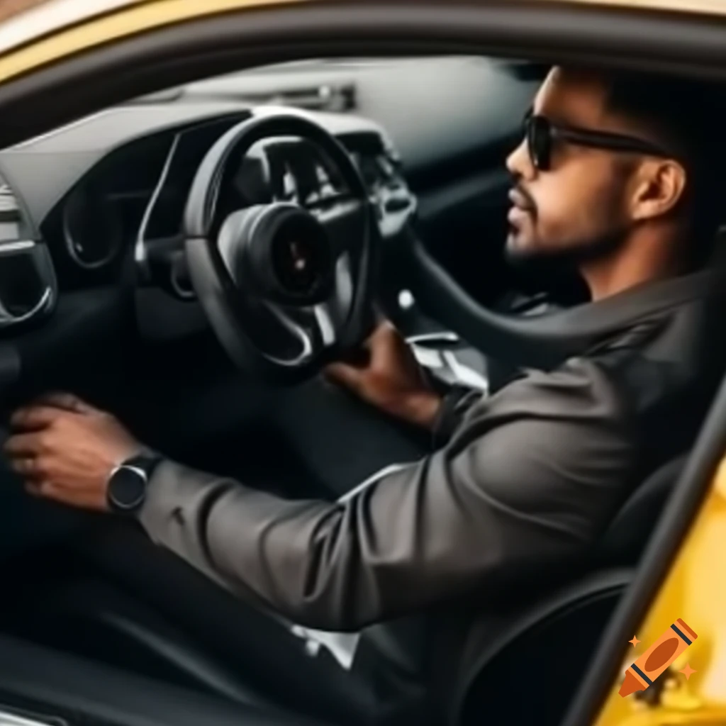 Black man driving yellow sports car on Craiyon