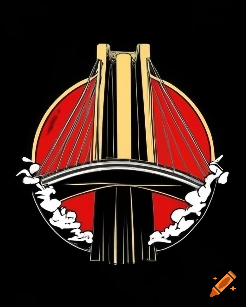 Circular logo featuring a bridge and golden crown, black, red, and ...
