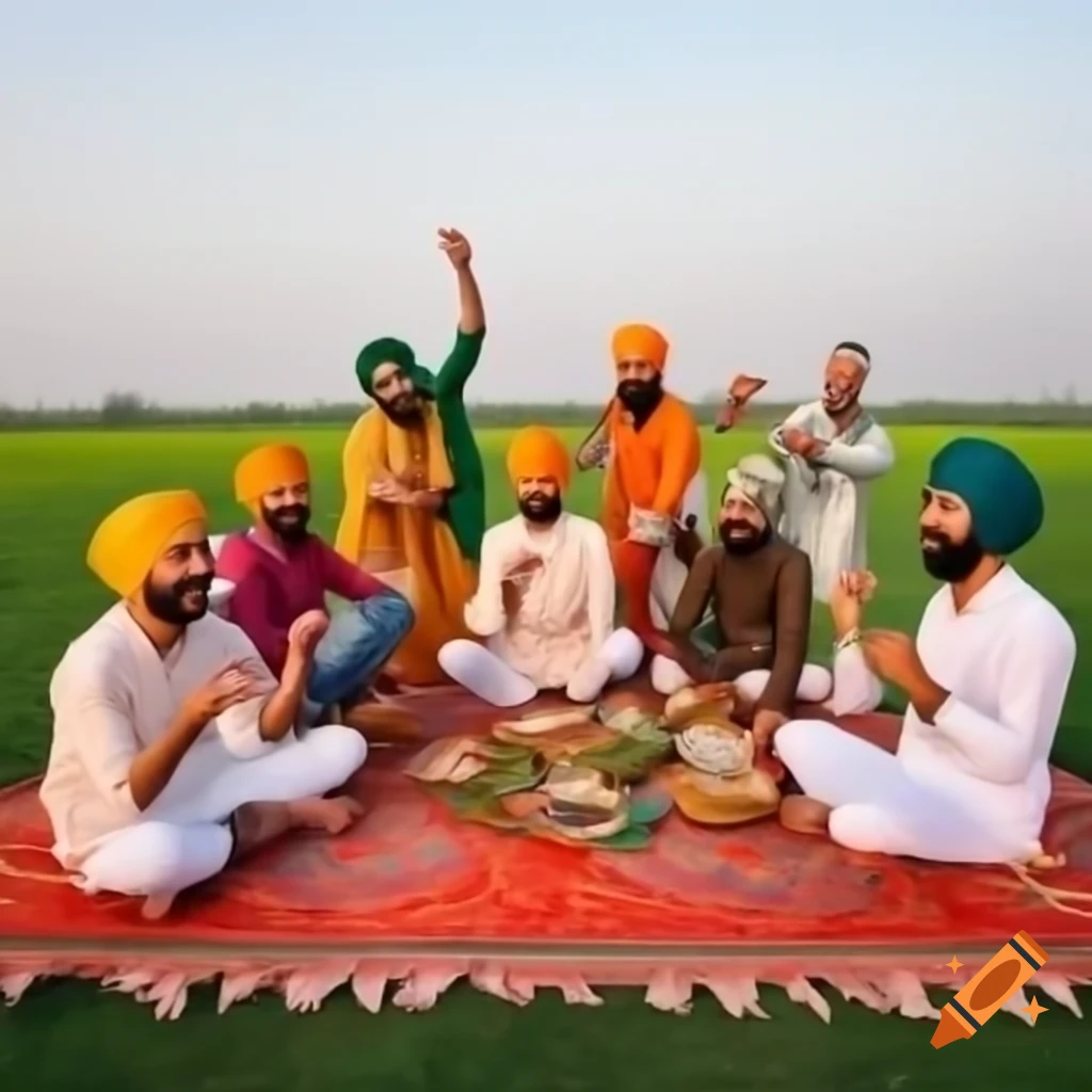 Vibrant punjabi celebration with friends on rugs in lush green field on ...