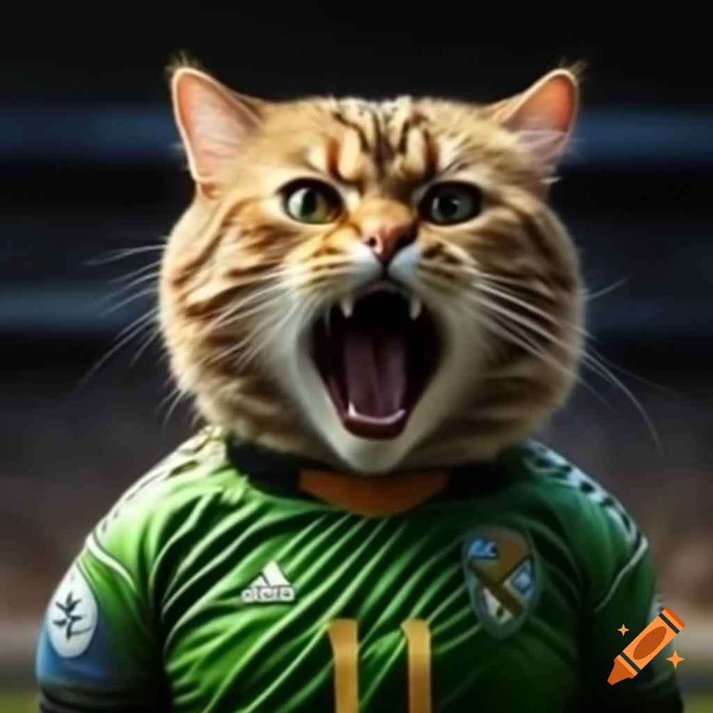 Fluffy orange kitten in soccer jersey playing on field on Craiyon