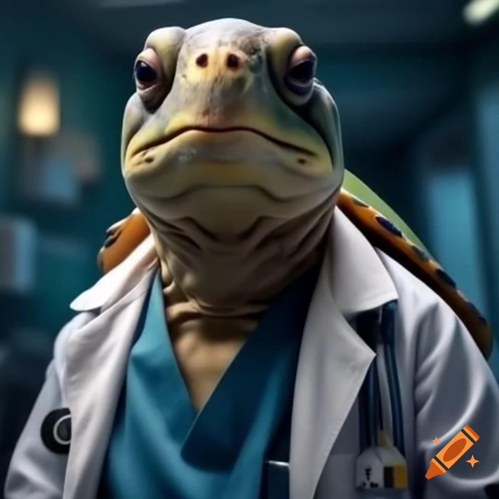 Turtle dressed in doctor's jacket in a hospital setting, semi-realistic ...